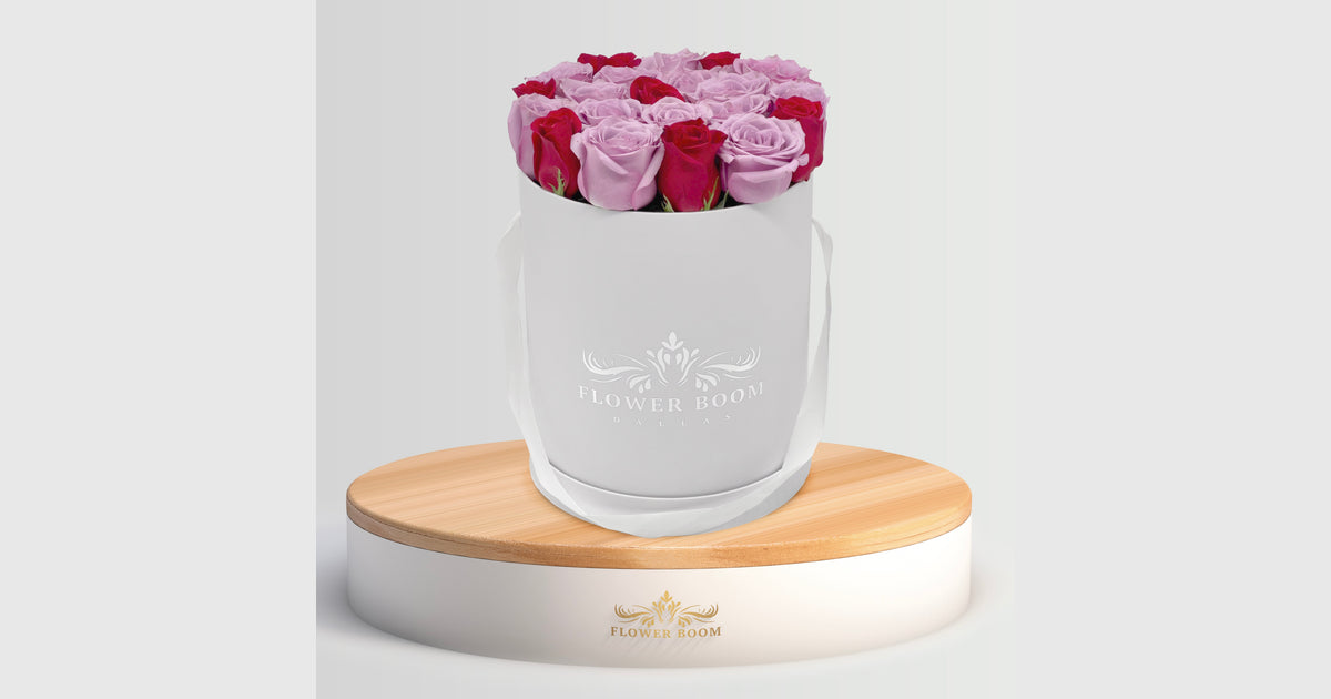 Classic Lavender And Hot Pink Roses In A Box | Dallas High-End Florist